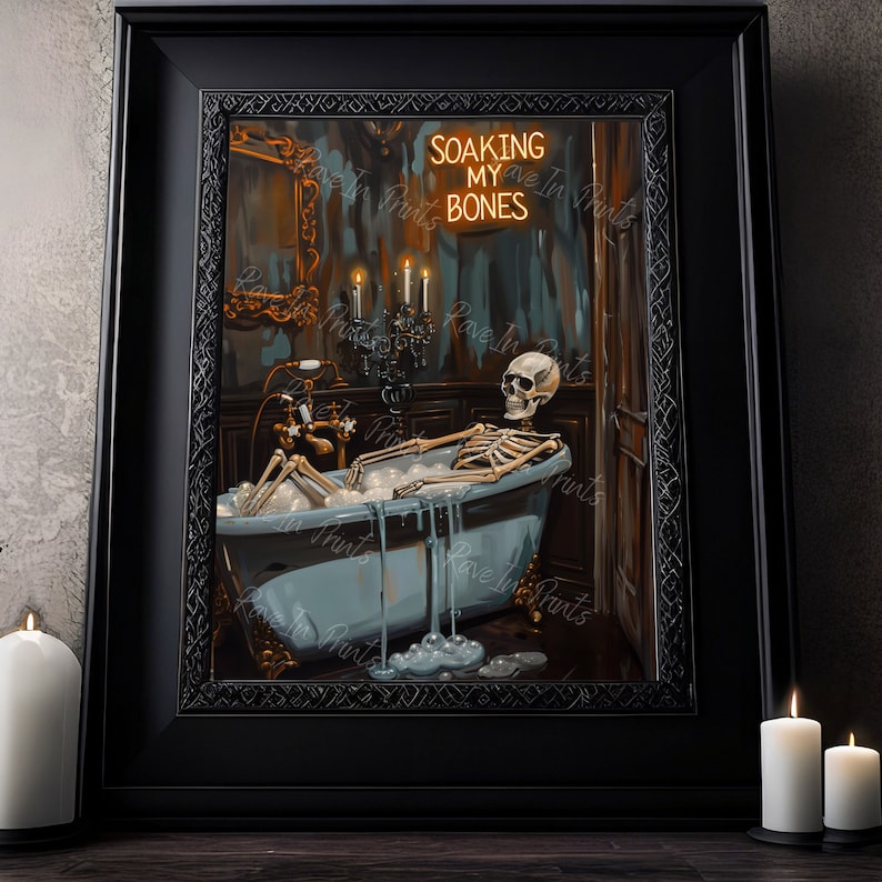 Soaking My Bones, Skeleton Taking a Bath, Halloween Art, Gothic ...