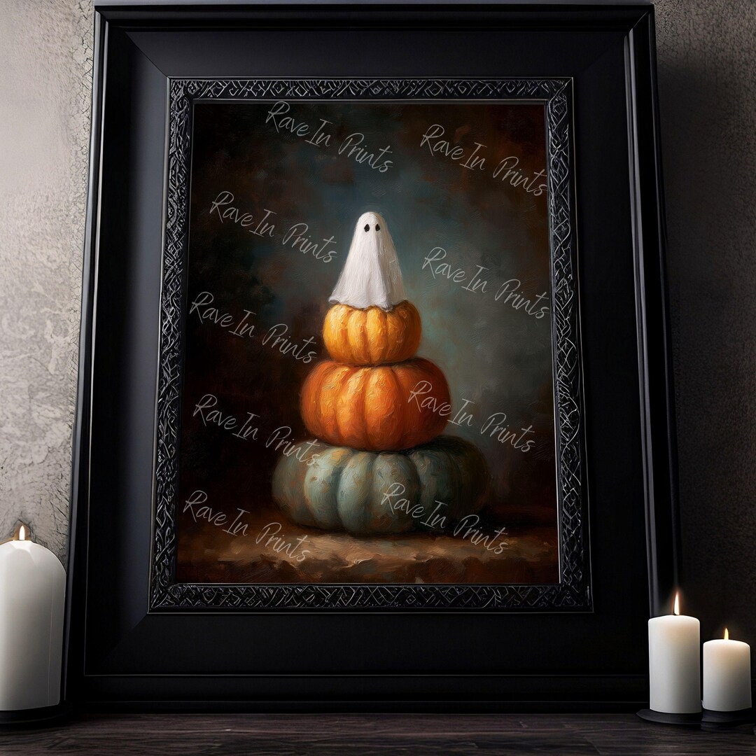 Ghost on Stacked Pumpkins, Art Poster Print, Dark Academia, Haunting ...