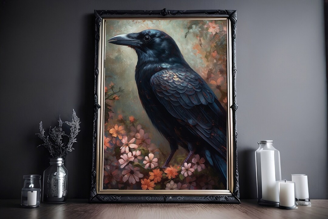 Black Crow With Flowers, Vintage Poster, Art Poster Print, Dark ...