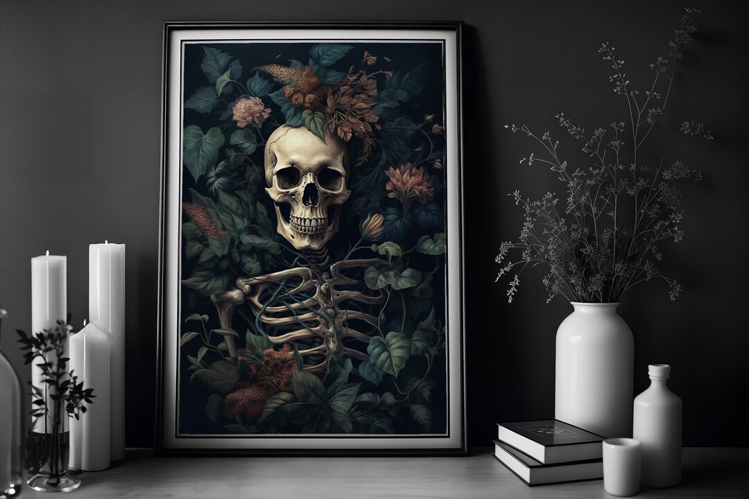 Botanical Skeleton Painting, Vintage Poster, Art Poster Print, Dark ...