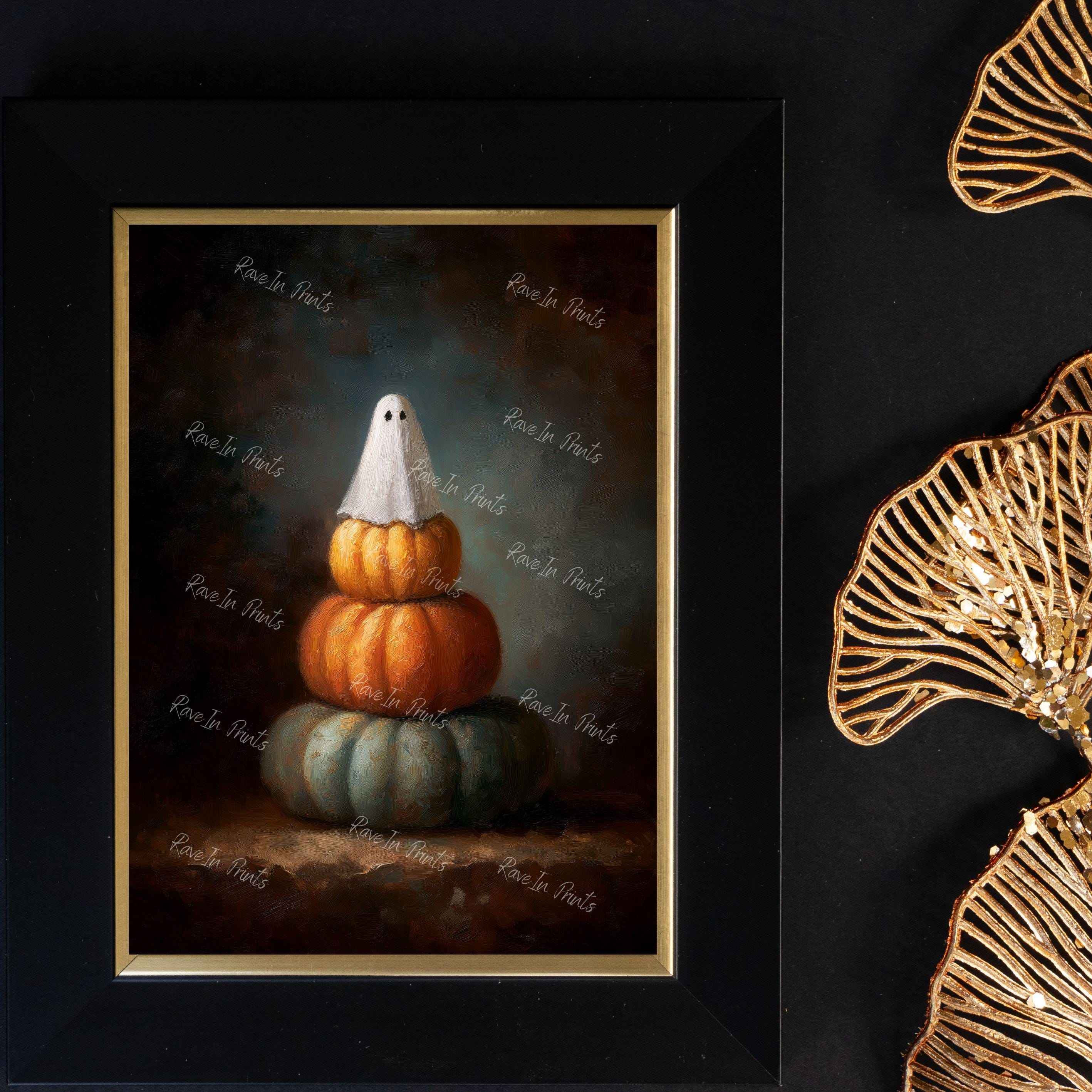 Ghost on Stacked Pumpkins, Art Poster Print, Dark Academia, Haunting ...