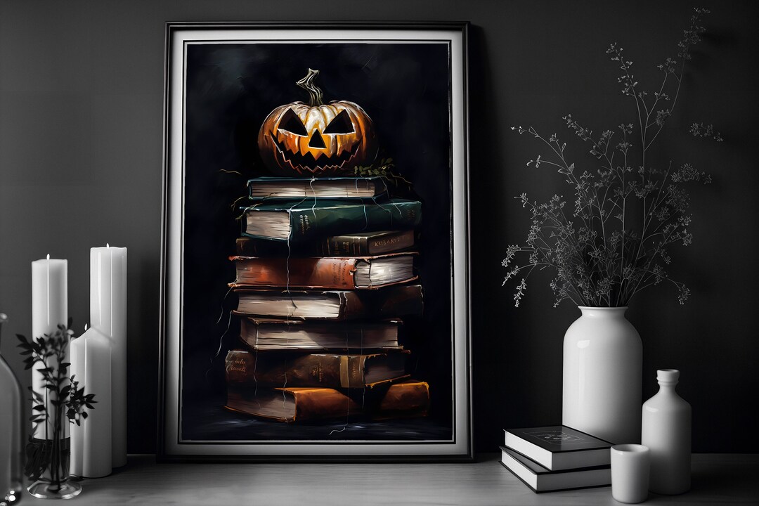 Jack O Lantern on A Stack of Books, Reading Lover Gift, Vintage Poster ...