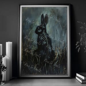 Black Hare in the Grass Painting, Moon Hare Print, Dark Cottagecore ...
