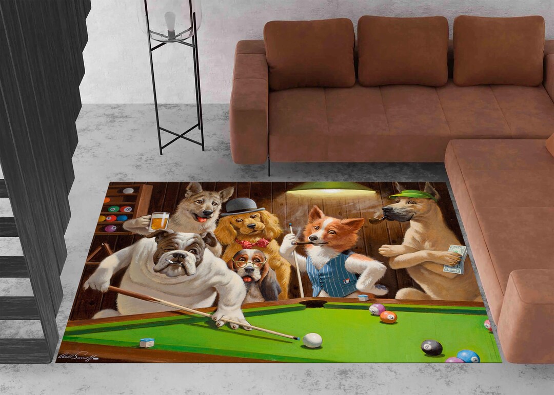 Dogs Playing Pool Rug, Billiard Rug, Bar Decor, Retro Billiard Playing ...