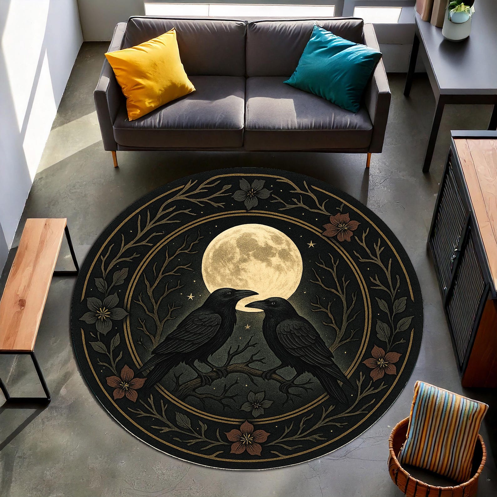Raven and Full Moon Round Rug – Gothic Witchy Carpet With Celestial ...