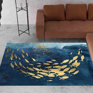 Koi Fish Rug, Abstract Gold Rug, Ocean Watercolor Rug, Luxury Painting ...
