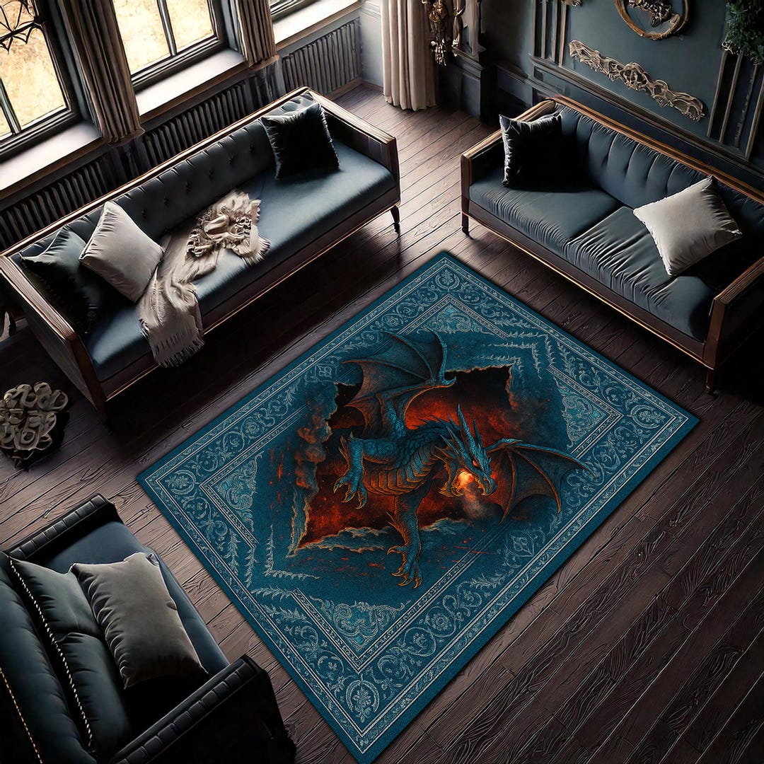 Fiery Dragon Rug – Fantasy Gothic Mythical Creature Carpet, Dark Blue ...