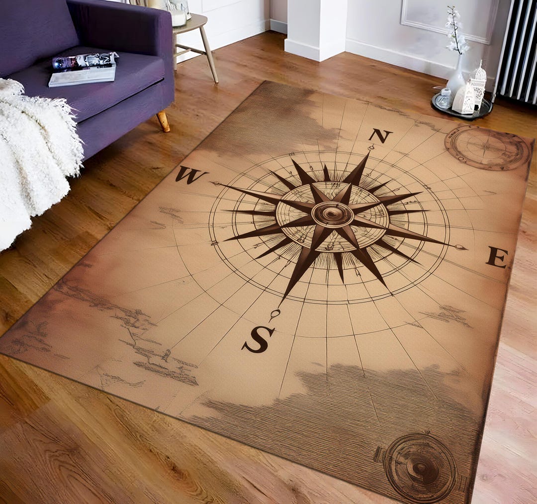Retro Map Compass Rug, Compass Rug, Vintage Design Rug, Map Rug Non ...