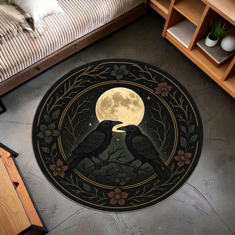 Raven and Full Moon Round Rug – Gothic Witchy Carpet With Celestial ...
