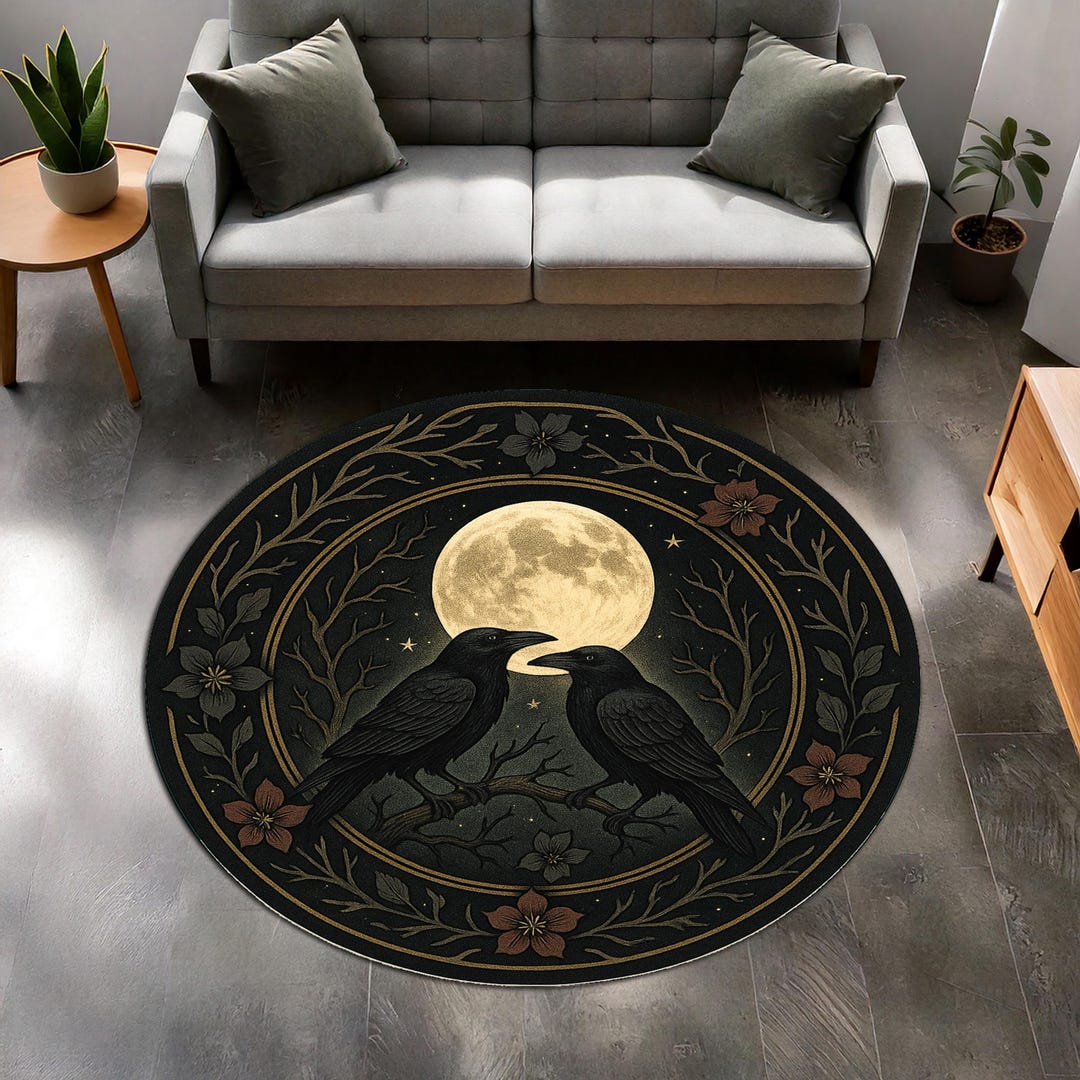 Raven and Full Moon Round Rug – Gothic Witchy Carpet With Celestial ...