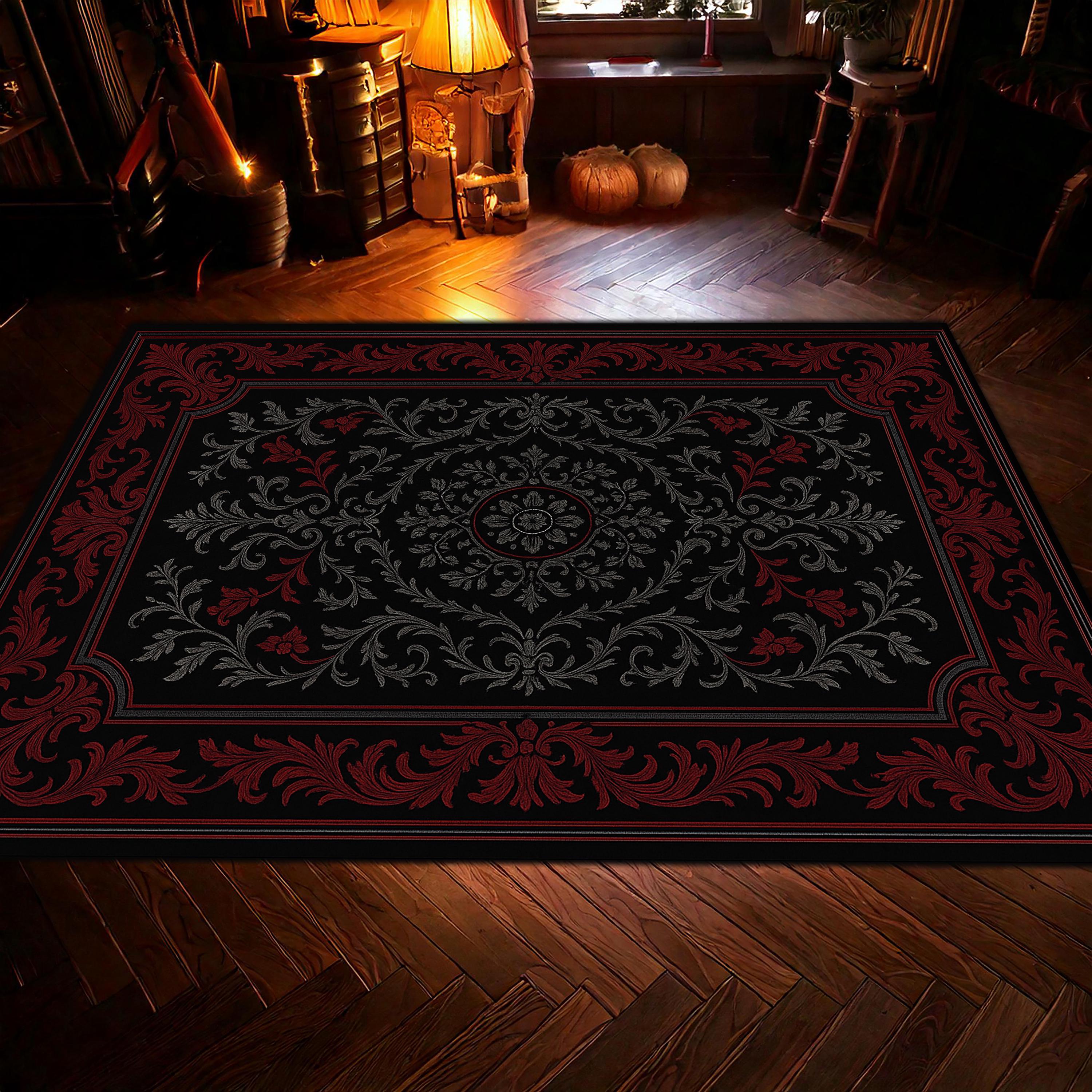 Elegant Gothic Rug With Red and Black Baroque Floral Patterns, Dark ...