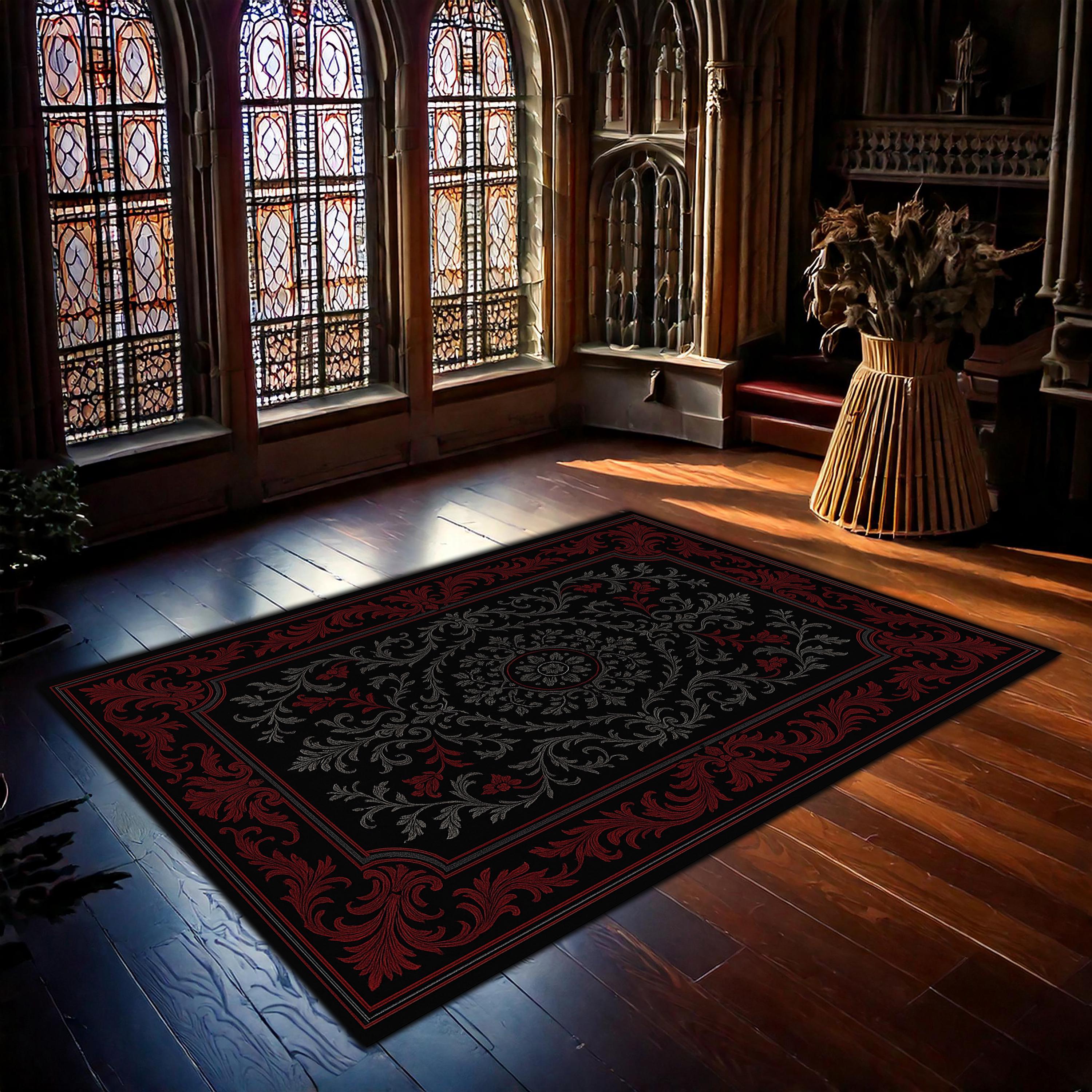 Elegant Gothic Rug With Red and Black Baroque Floral Patterns, Dark ...