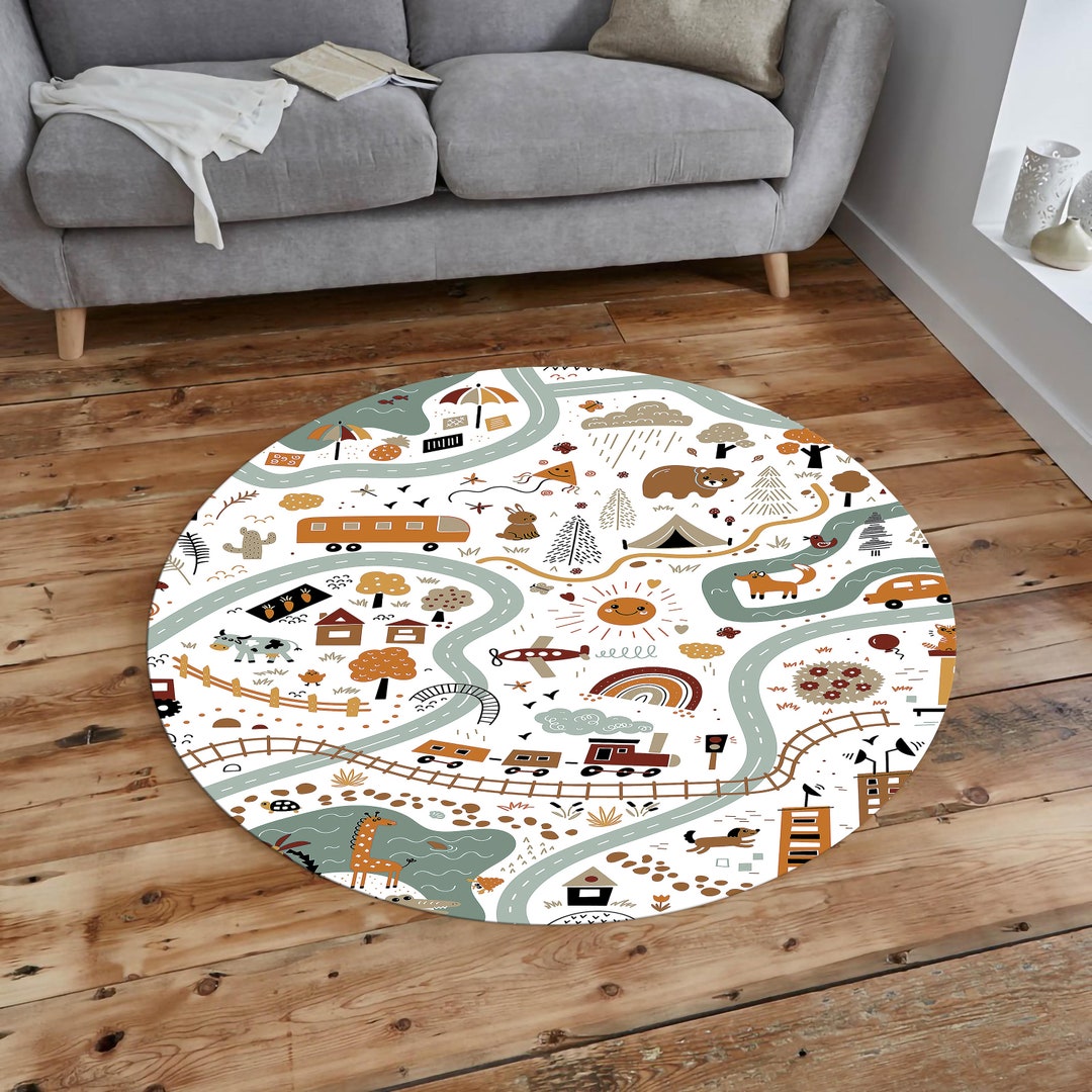 Kids Round Rug, City Road Rug, Nursery Rug, World Road Rug, Washable ...