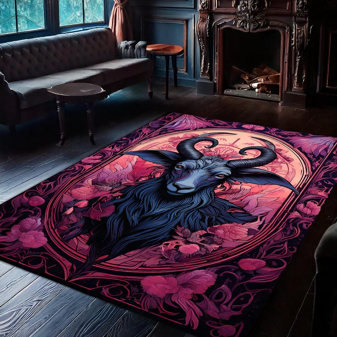 Devil Goat Rug for Gothic Room Decor, Dark Academia Goat in Flowers Rug ...