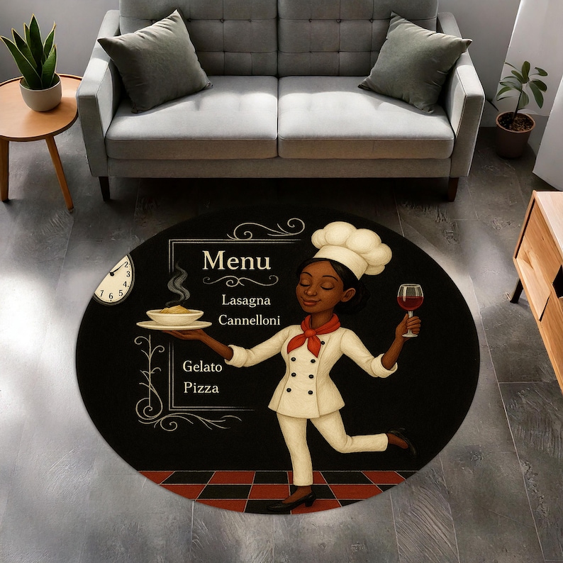 Round Chef Kitchen Rug – Retro Culinary Decor With Female Cook ...