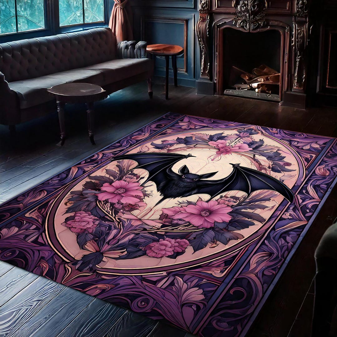 Bat Rug for Gothic Room Decor, Dark Academia Bat in Flowers Rug, Bat ...