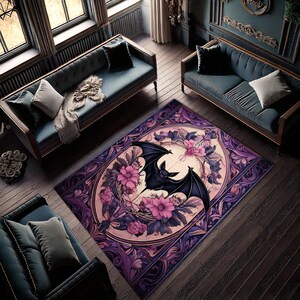Bat Rug for Gothic Room Decor, Dark Academia Bat in Flowers Rug, Bat ...