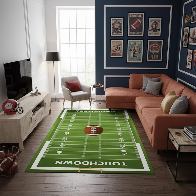 American Football Field Rug – Green Touchdown Turf Carpet, Gridiron ...