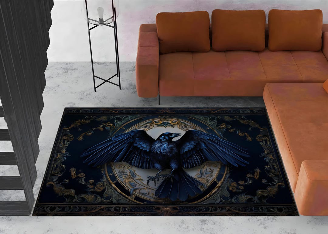 Raven Rug for Gothic Room Decor, Dark Academia Raven in Flowers Rug ...