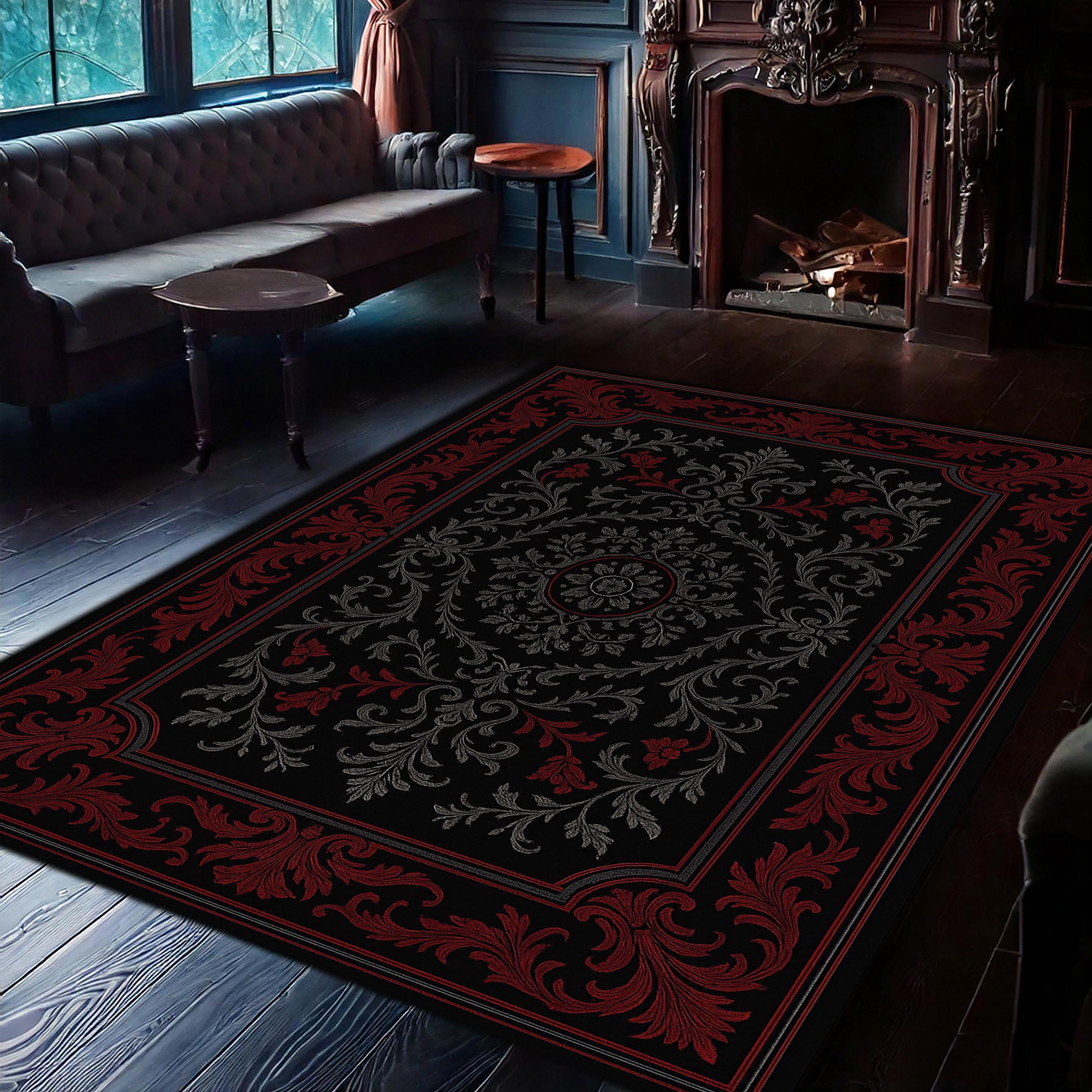 Elegant Gothic Rug With Red and Black Baroque Floral Patterns, Dark ...