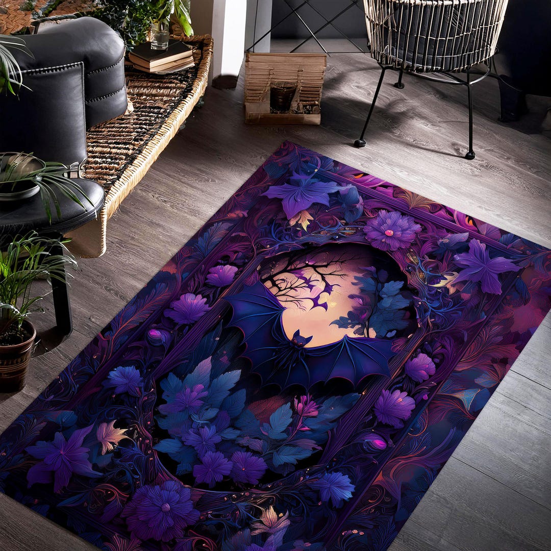 Bat Rug for Gothic Room Decor, Dark Academia Bat in Flowers Rug, Bat ...