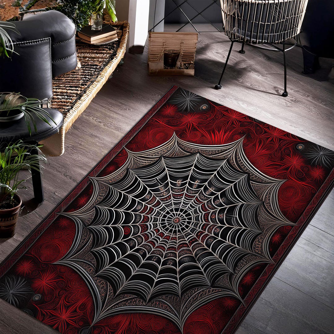 Spider Web Rug for Gothic Room Decor, Dark Academia Raven in Flowers ...