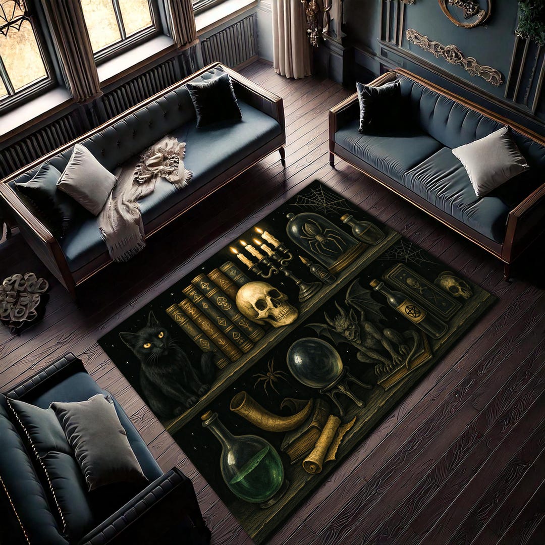 Witchcraft Gothic Rug, Dark Academia Magic Carpet With Black Cat and ...