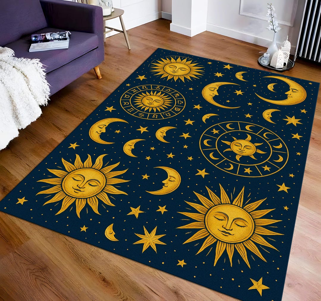 Moon and Sun Ethereal Bohemian Rug, Celestial Tarot Aesthetic Zodiac ...