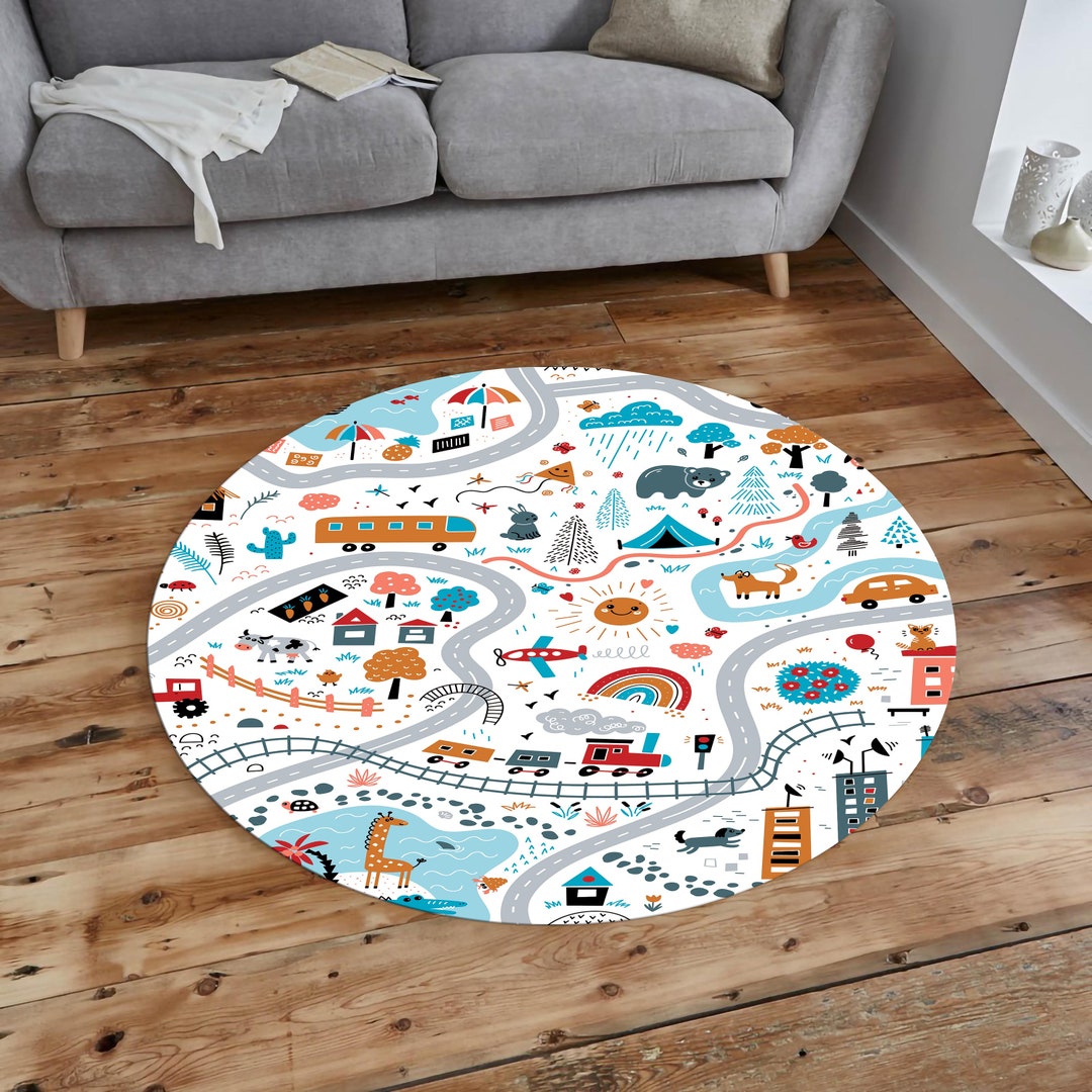 Kids Round Rug, City Road Rug, Nursery Rug, World Road Rug, Washable ...