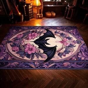 Bat Rug for Gothic Room Decor, Dark Academia Bat in Flowers Rug, Bat ...