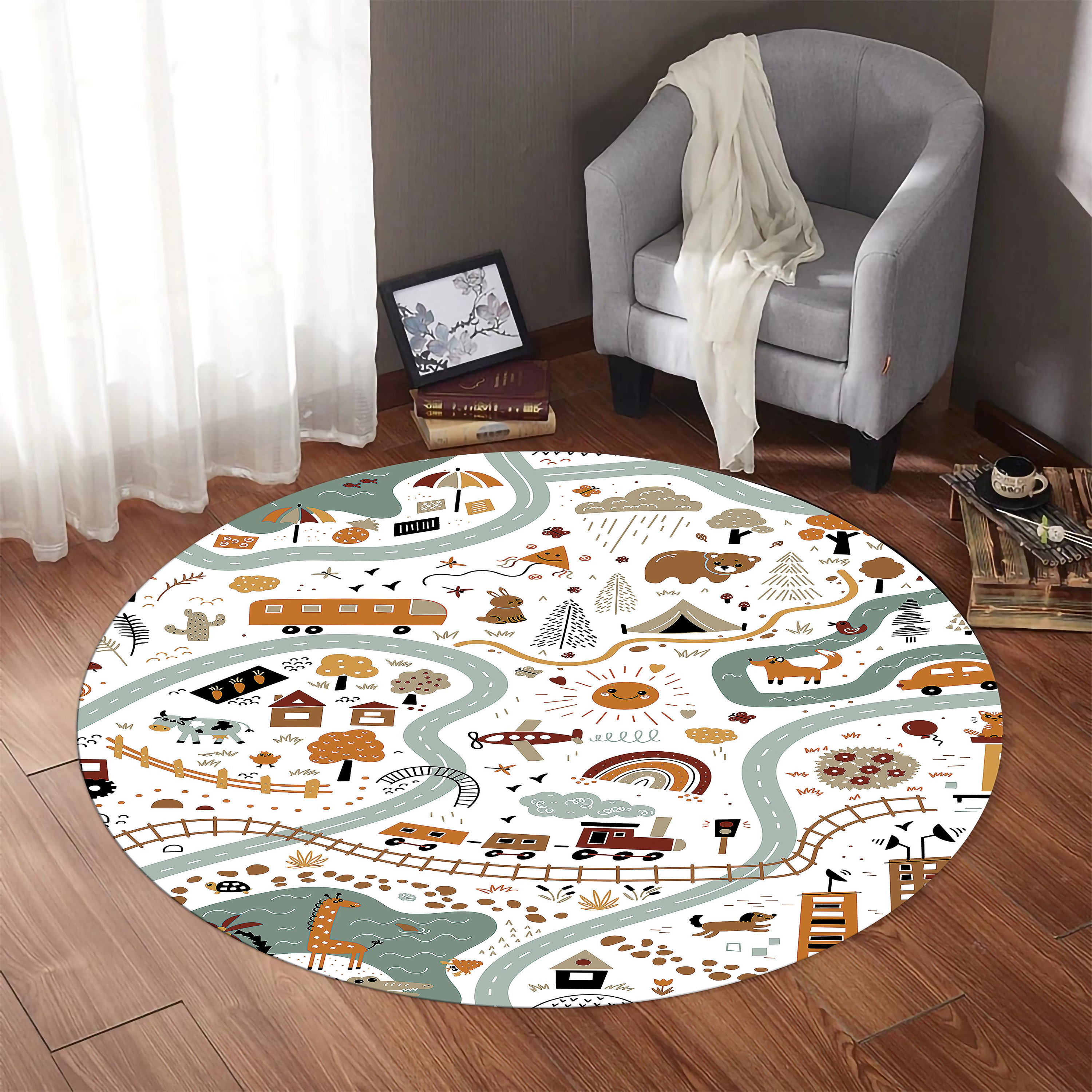 Kids Round Rug, City Road Rug, Nursery Rug, World Road Rug, Washable ...