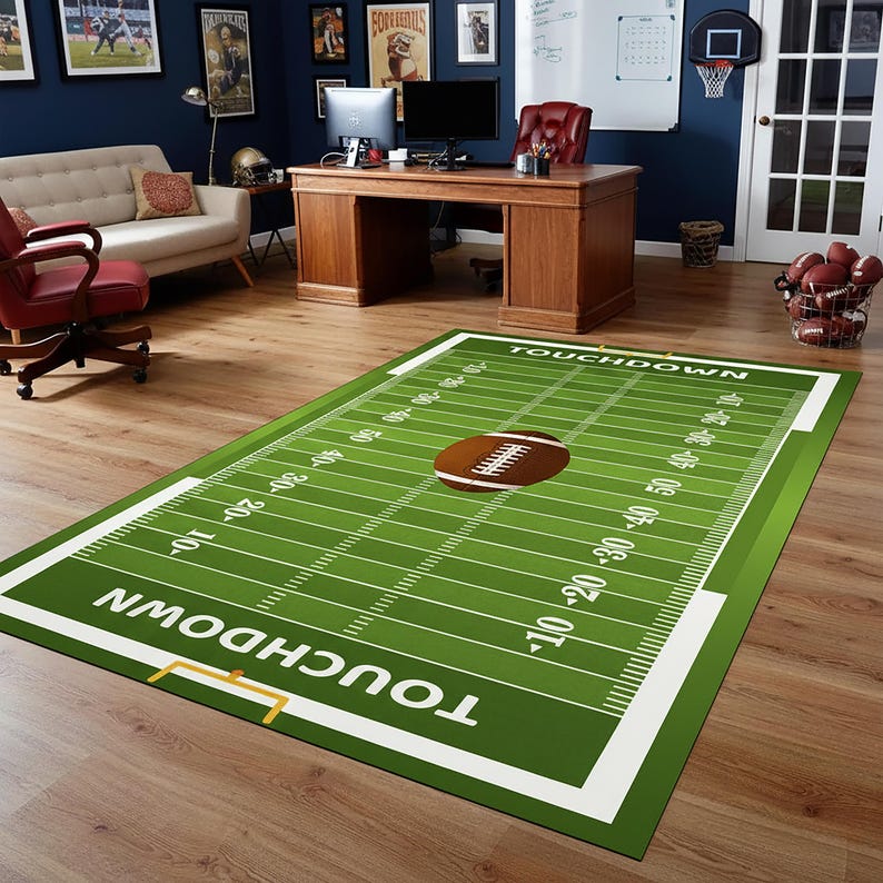 American Football Field Rug – Green Touchdown Turf Carpet, Gridiron ...