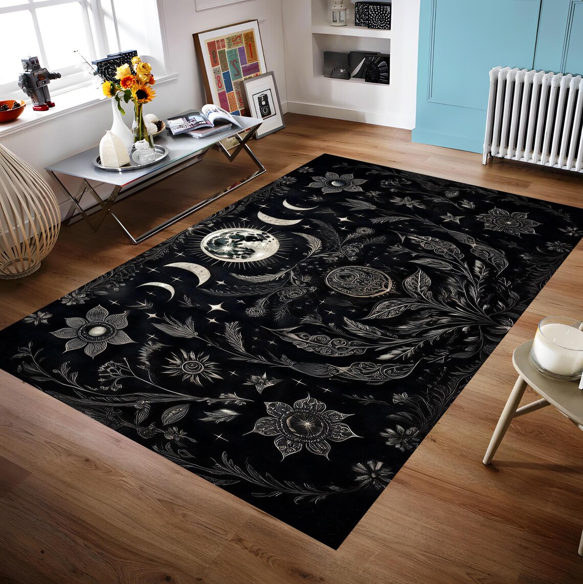 Gothic Moon Phase Rug, Dark Academia Decor, Cottagecore Rug, Floral ...