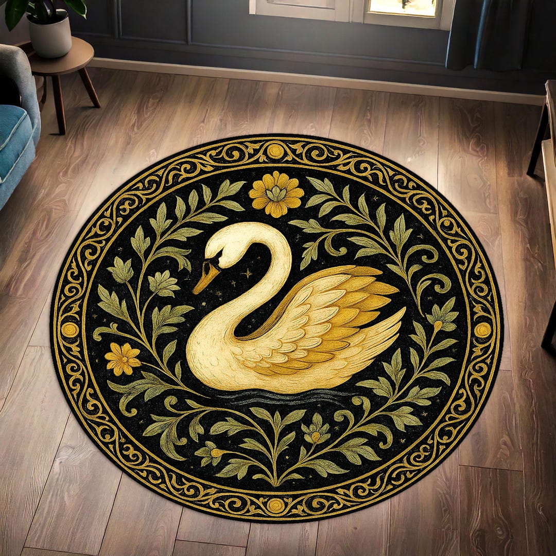 Swan Round Rug – Elegant White Swan With Golden Floral Border on Black ...