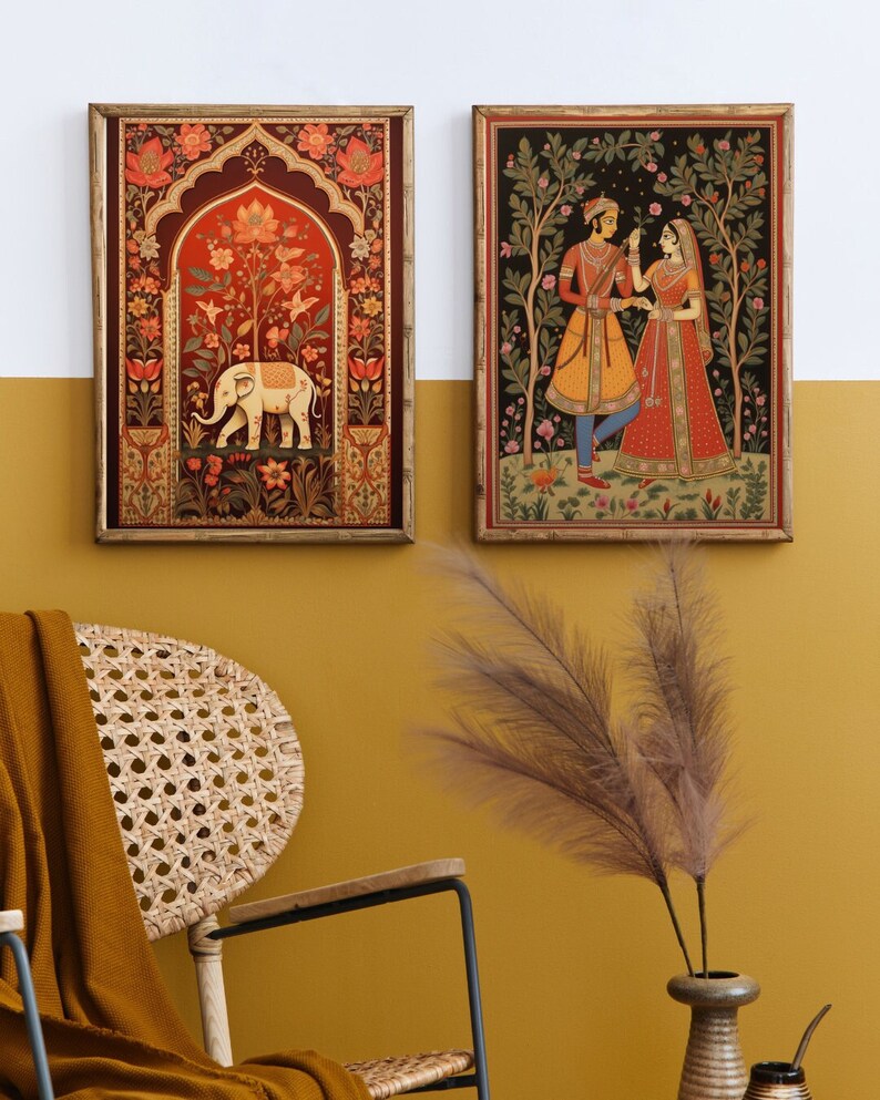 Set of 2 Indian Folk Art Mughal Print Pichwai Vintage Living Room Decor ...