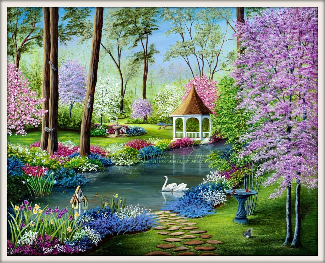Limited Edition Landscape Print, Gazebo, Swans, Floral Home Decor - Etsy