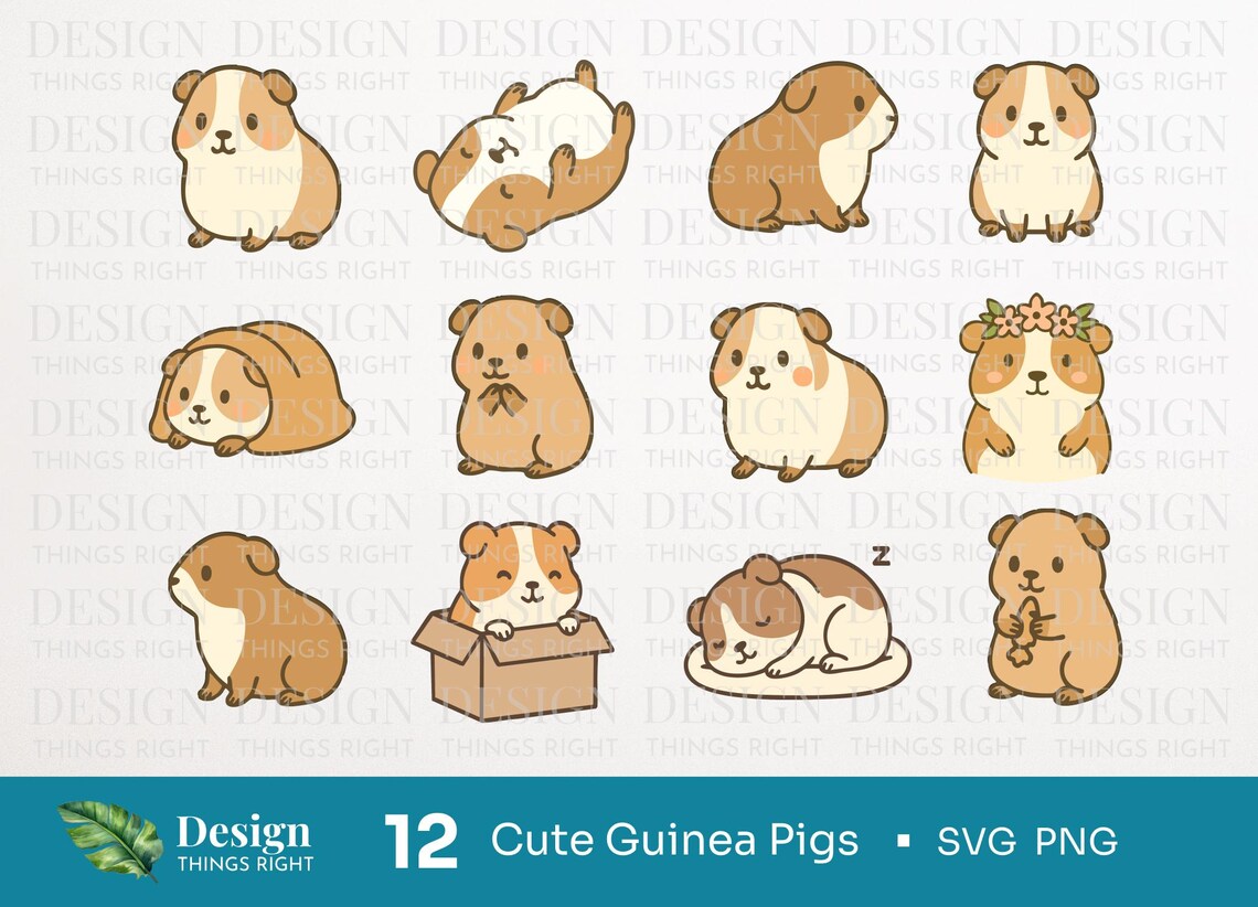 Cute Guinea Pigs Clipart Bundle SVG PNG – 12 Kawaii Pet Designs ...
