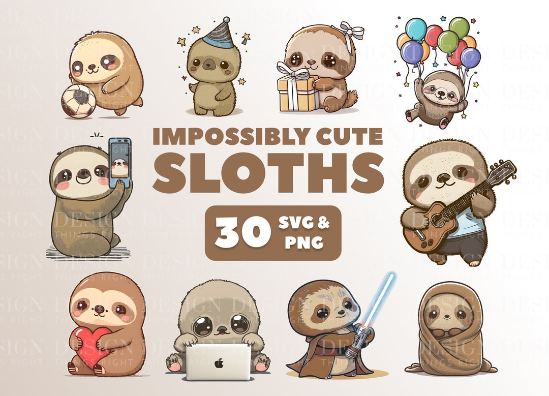 Cute Sloth Clipart Stickers | Kawaii Digital Stickers | Scrapbooking ...