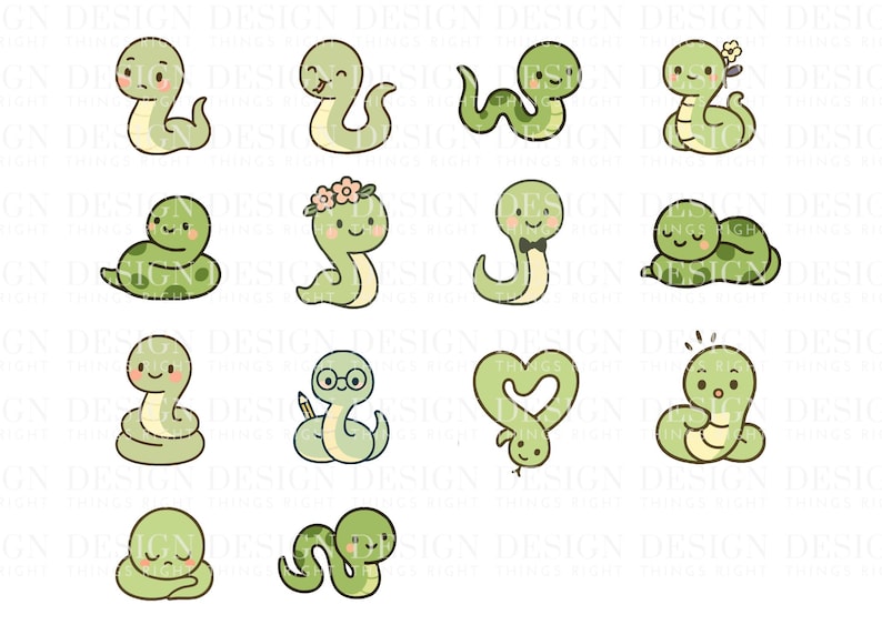 Cute Snakes Clipart Bundle SVG PNG – 12 Kawaii Reptile Clipart, Funny ...