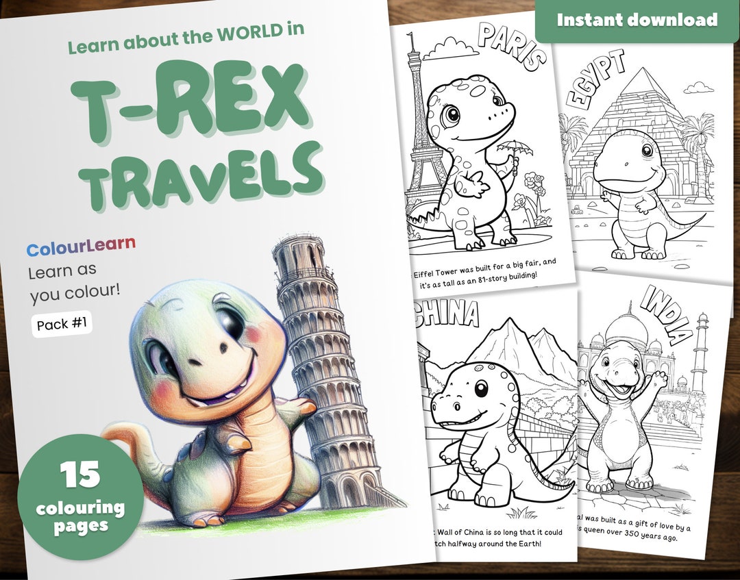 T-rex Travels Dinosaur Colouring Pages 15-page Fun & Unique - Printable ...