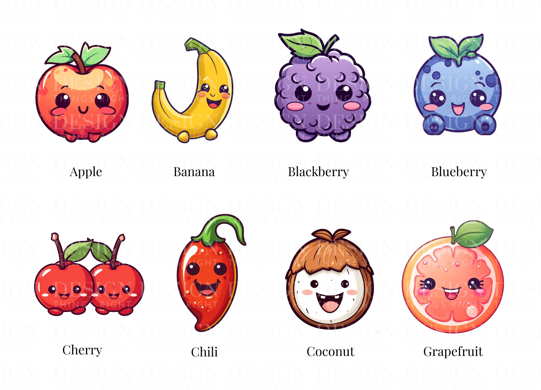 Cute Fruit Clipart Stickers | Kawaii Digital Stickers | Scrapbooking ...