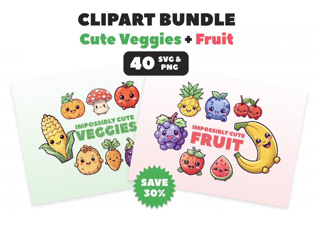 Cute Fruit and Veg Bundle | Clipart Stickers | Kawaii Digital Stickers ...
