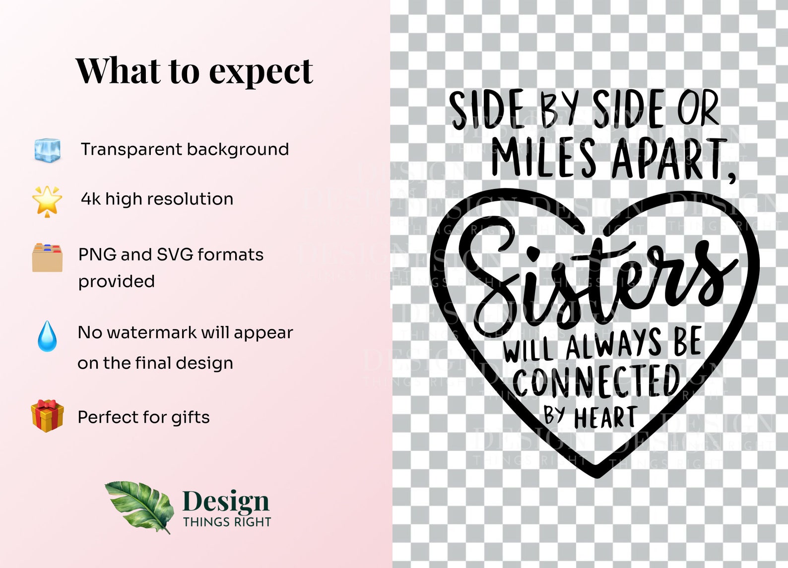 Sisters Connected by Heart PNG SVG | Quote Design | Side by Side or ...