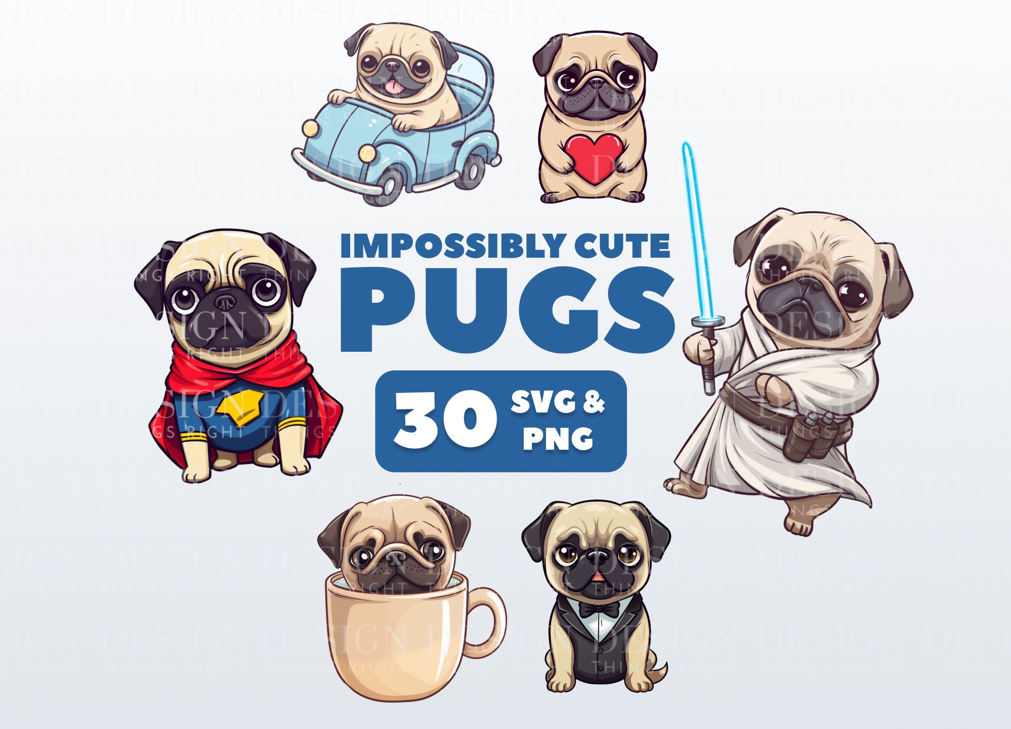 Cute Pug Clipart Stickers | Kawaii Digital Stickers | Scrapbooking ...