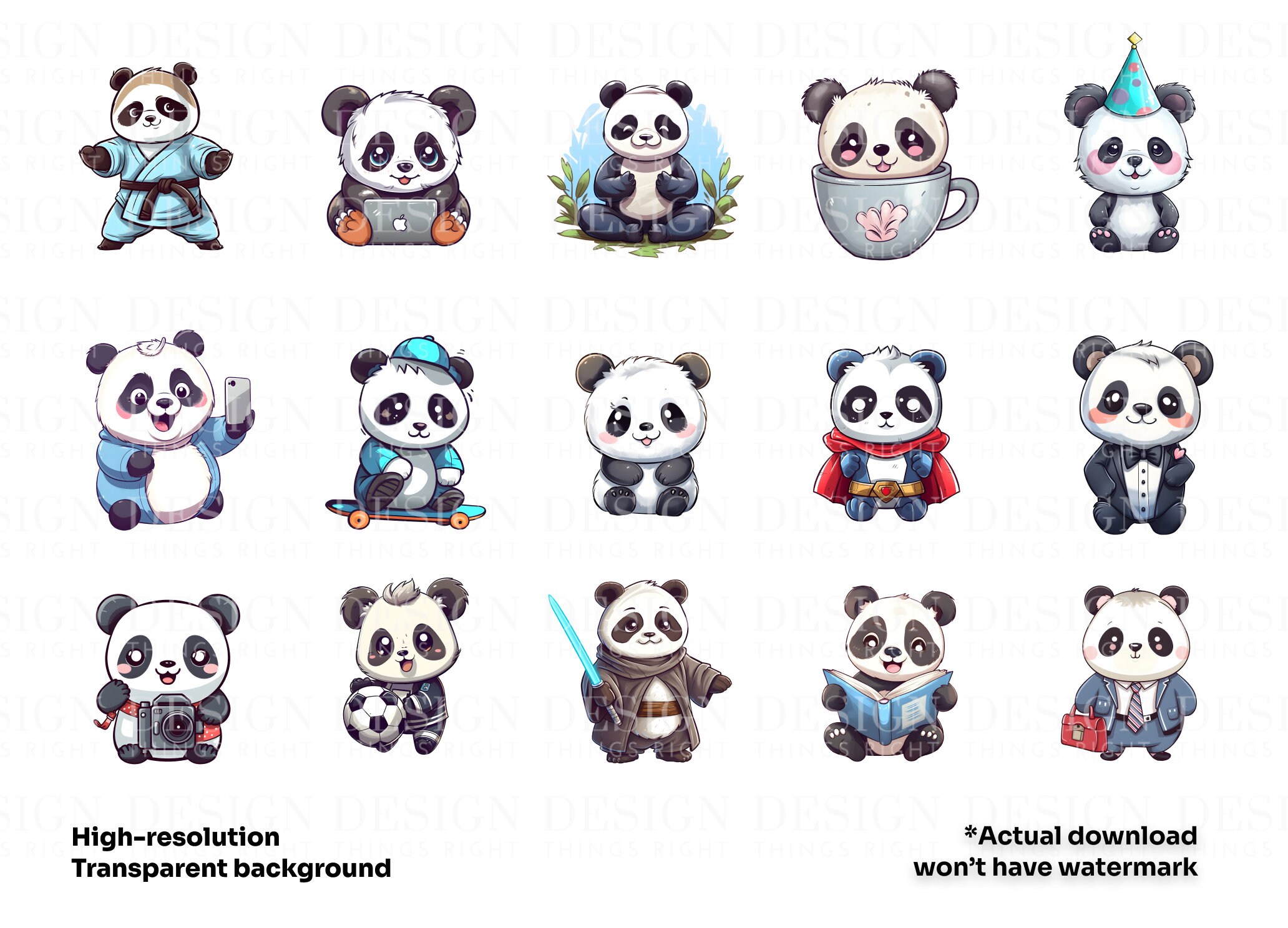 Cute Panda Clipart Stickers Kawaii Digital Stickers Scrapbooking ...