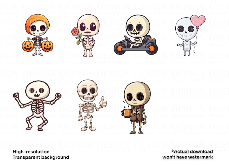 Cute Funny Skeleton Clipart Bundle | PNG SVG | Halloween | Kawaii ...