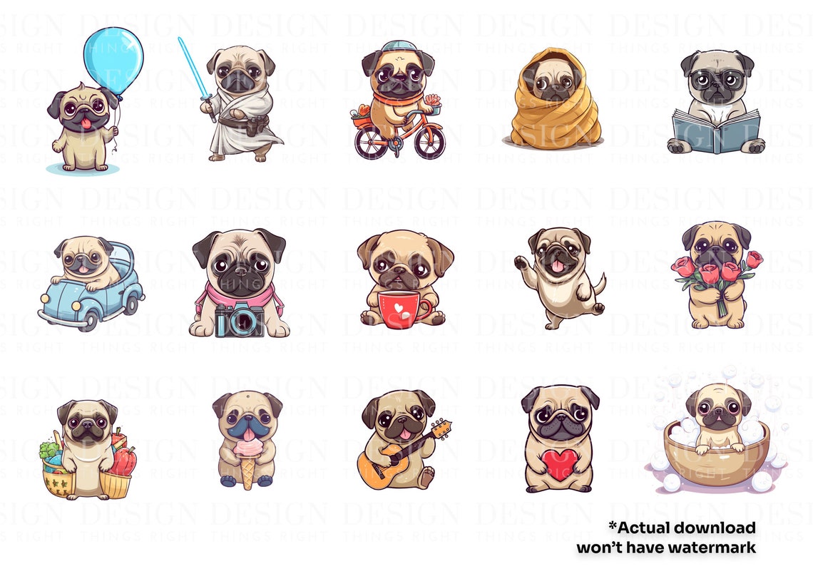 Cute Pug Clipart Stickers | Kawaii Digital Stickers | Scrapbooking ...