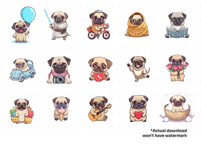 Cute Pug Clipart Stickers | Kawaii Digital Stickers | Scrapbooking ...