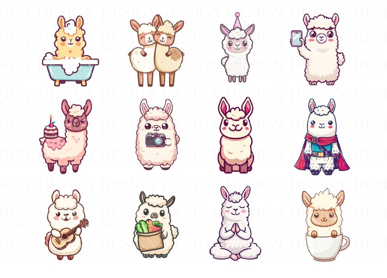 Cute Llama Clipart Stickers | Kawaii Digital Stickers | Scrapbooking ...