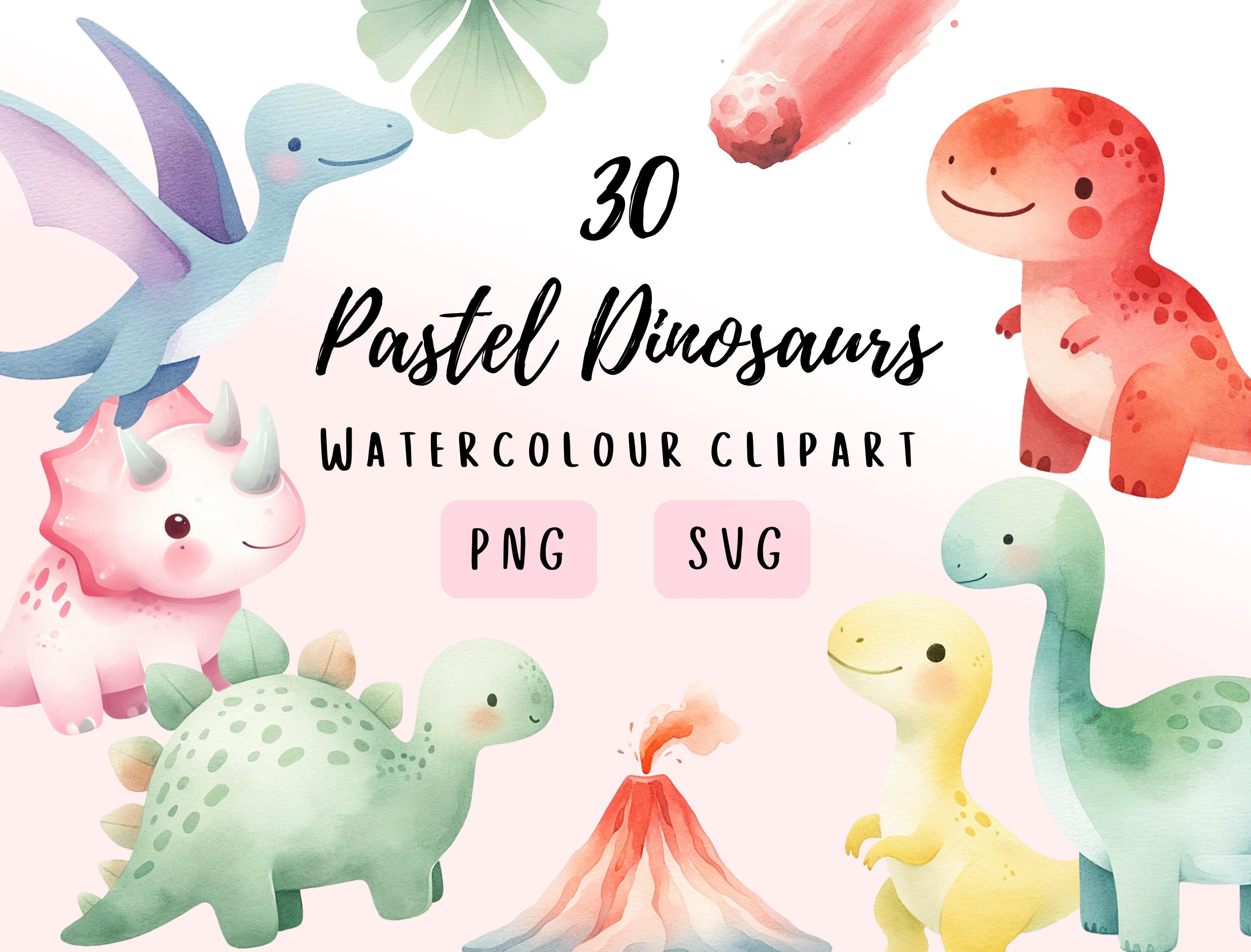 Pastel Dinosaurs Watercolour Clipart Set - T-rex, Triceratops ...
